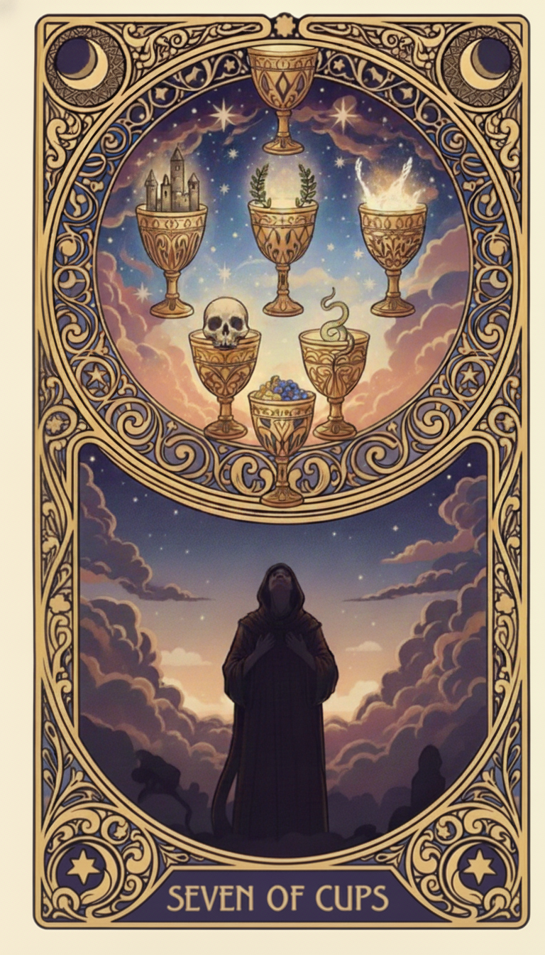 Seven Of Cups Meaning Upright Reversed Interpretation Tarot Guide Seven Of Cups Meaning Upright Reversed Interpretation Tarot Guide